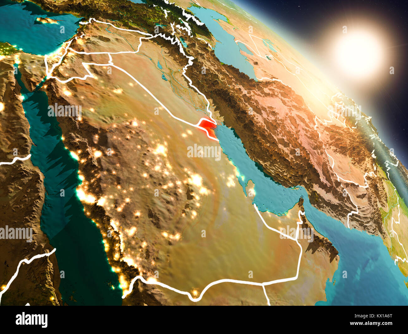 Sunset above Kuwait from space on planet Earth with visible country ...
