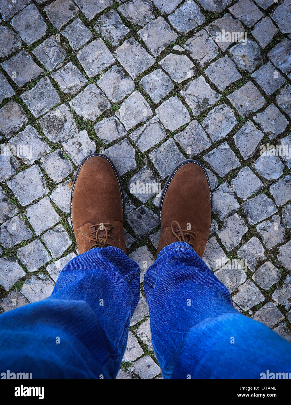Top view from Young man with leather shoes and jeans. Classic shoes ...