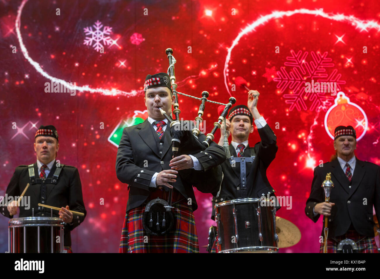 Scottish band performs on Tverskaya street in Moscow during the ...
