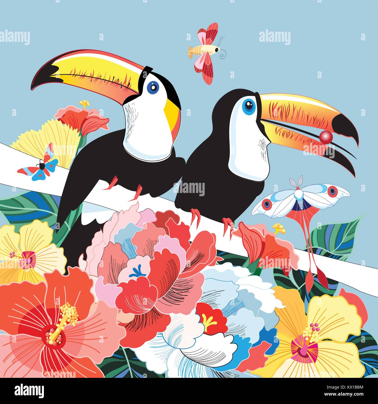 Graphics color funny birds toucans on a floral background Stock Vector ...