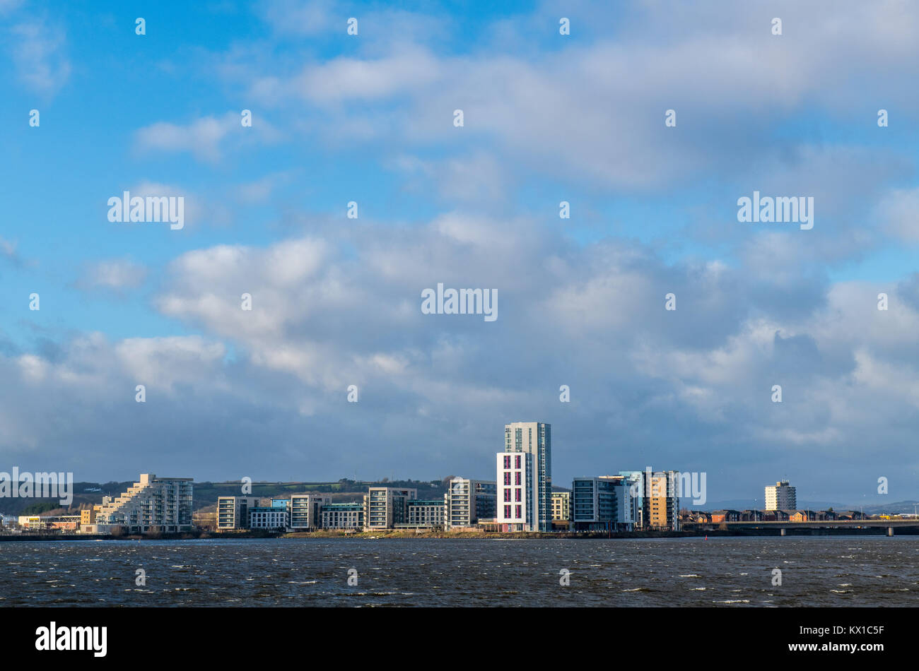 The view inland across the freshwater lake of Cardiff Bay south Wales ...