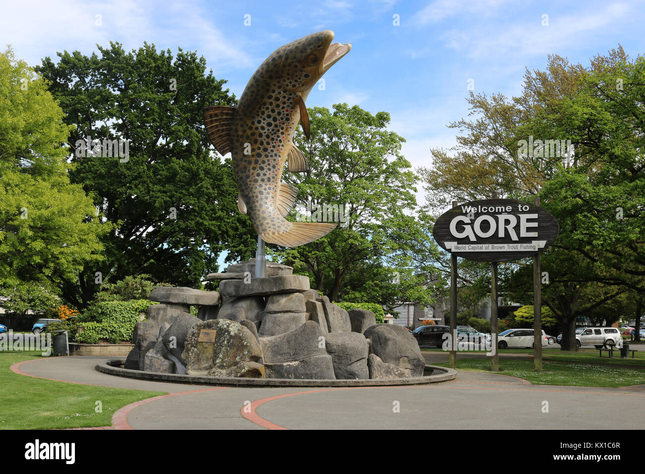 Sculpture of a brown trout in Gore, Southland, New Zealand. Gore is ...
