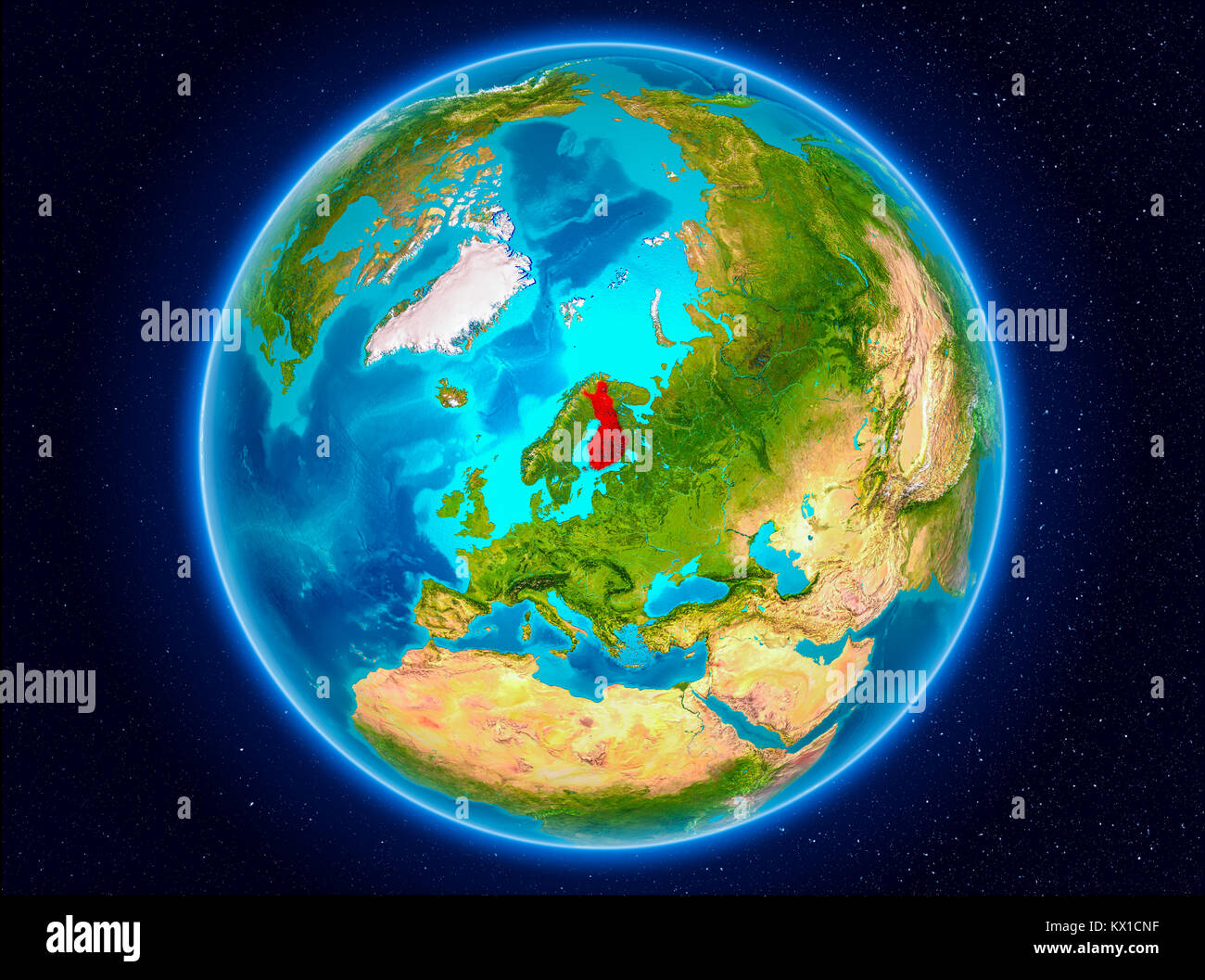 Finland in red from Earth’s orbit. 3D illustration. Elements of this ...