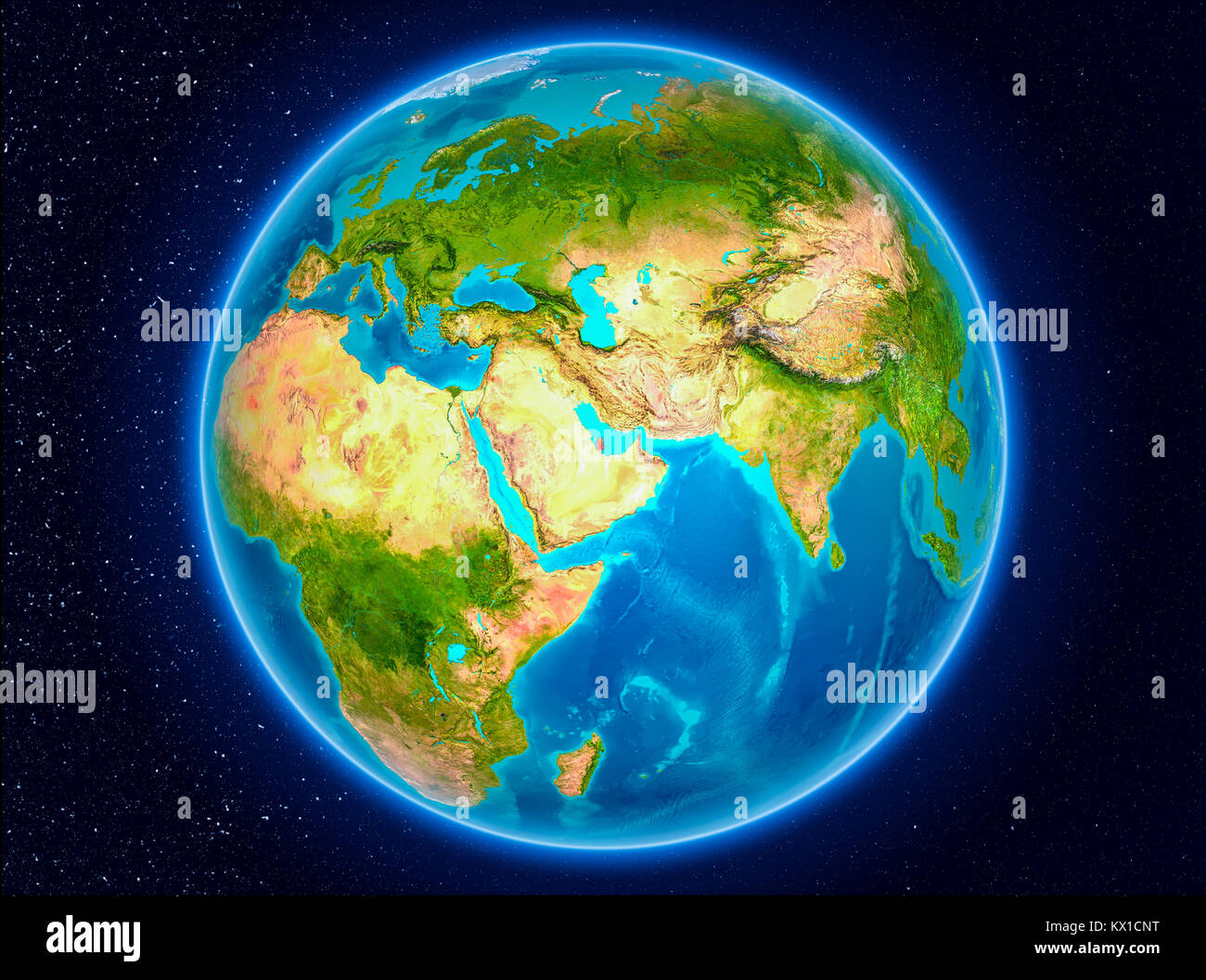 Qatar in red from Earth’s orbit. 3D illustration. Elements of this ...