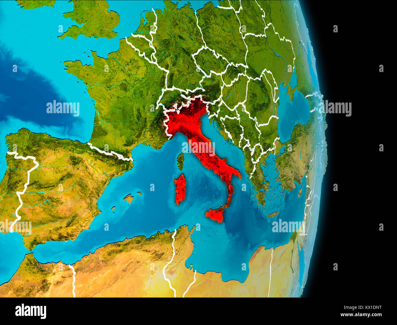 Italy in red on planet Earth with visible borderlines. 3D illustration ...