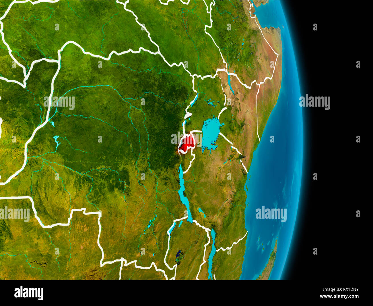 Rwanda in red on planet Earth with visible borderlines. 3D illustration. Elements of this image ...