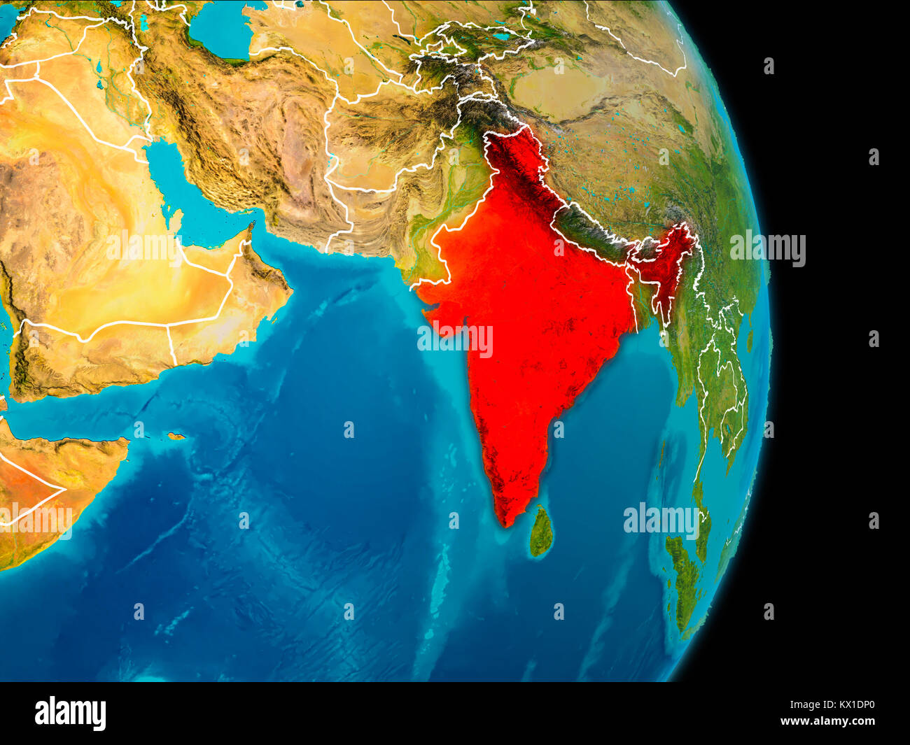 India in red on planet Earth with visible borderlines. 3D illustration ...