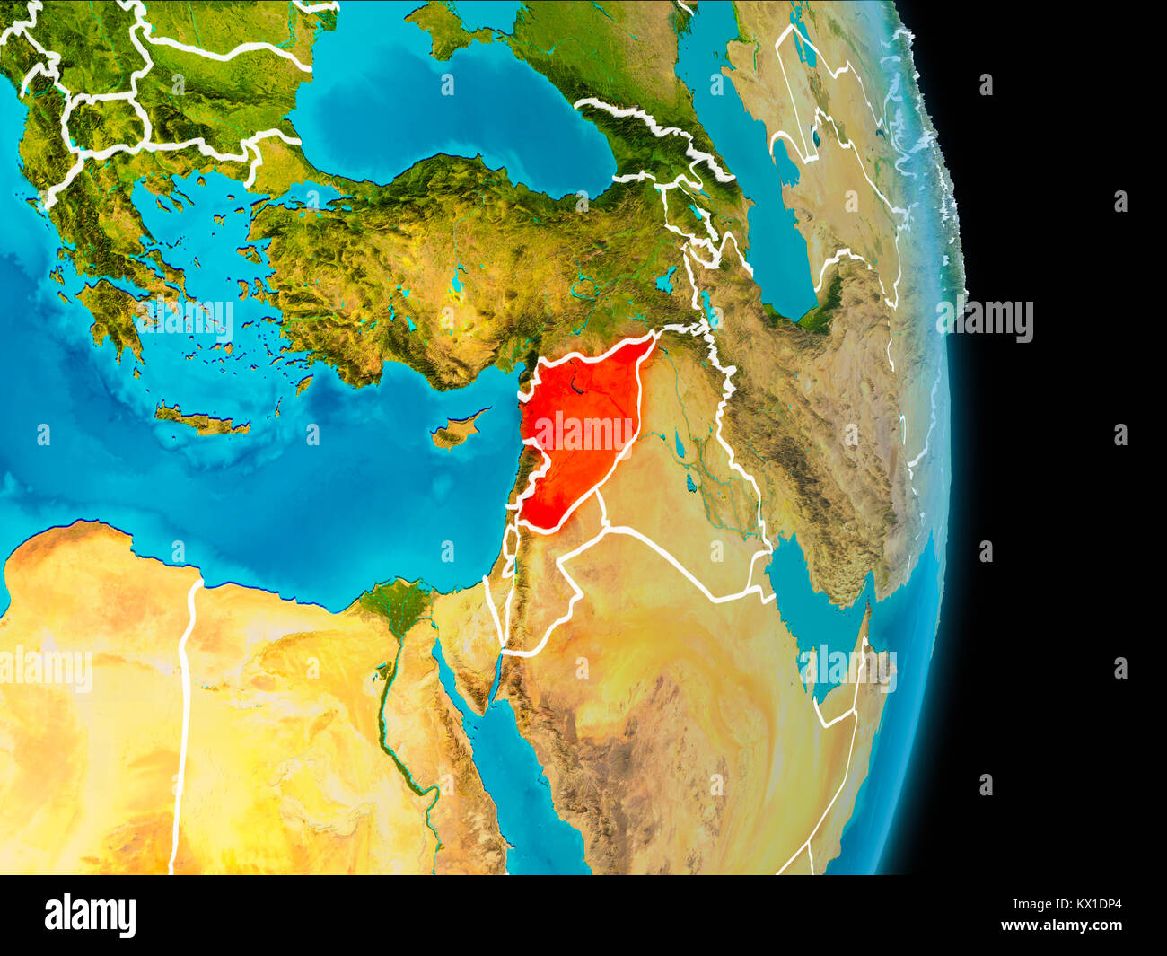 Syria in red on planet Earth with visible borderlines. 3D illustration ...