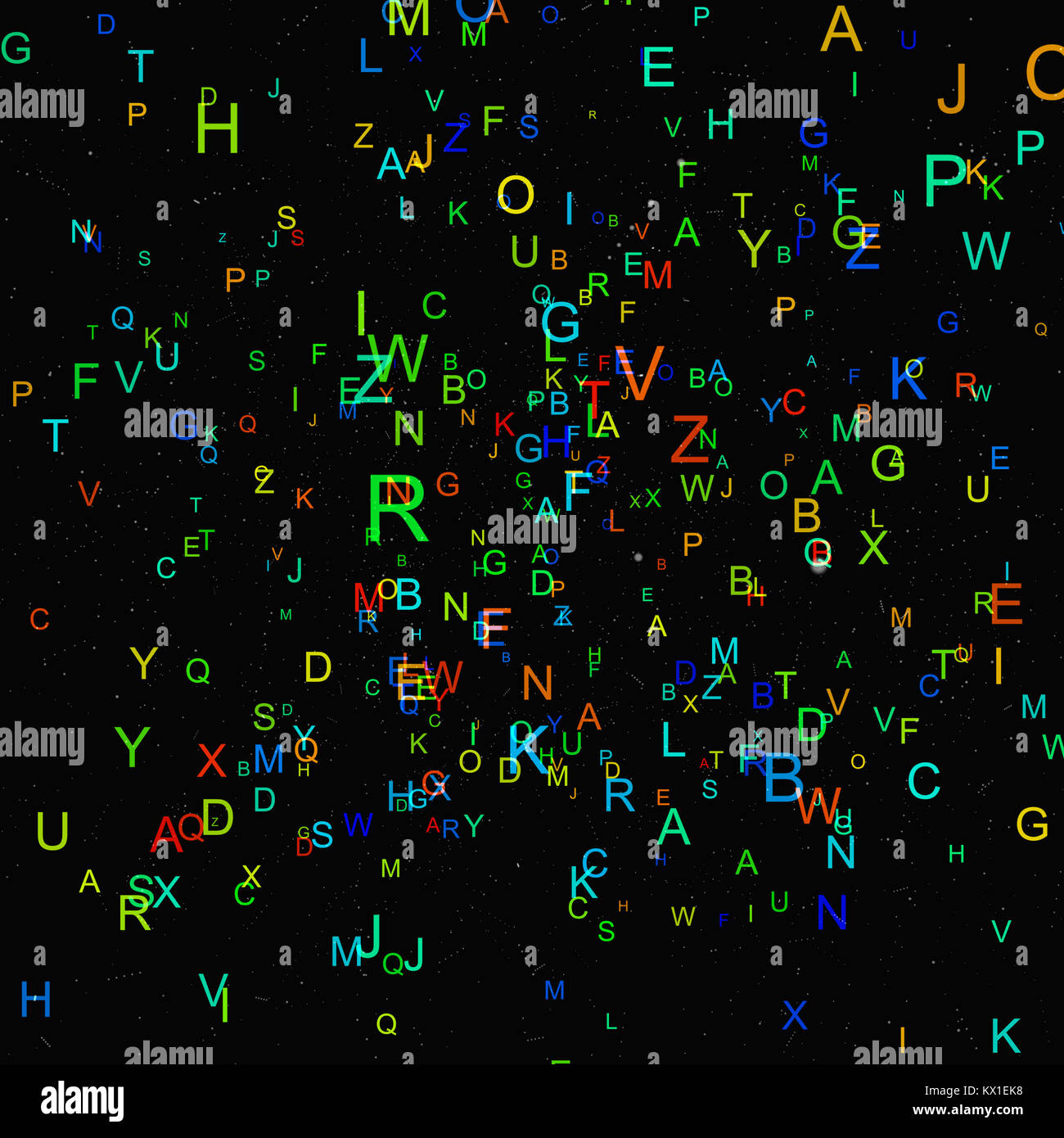 Abstract colorful alphabet fly on black background Stock Photo - Alamy