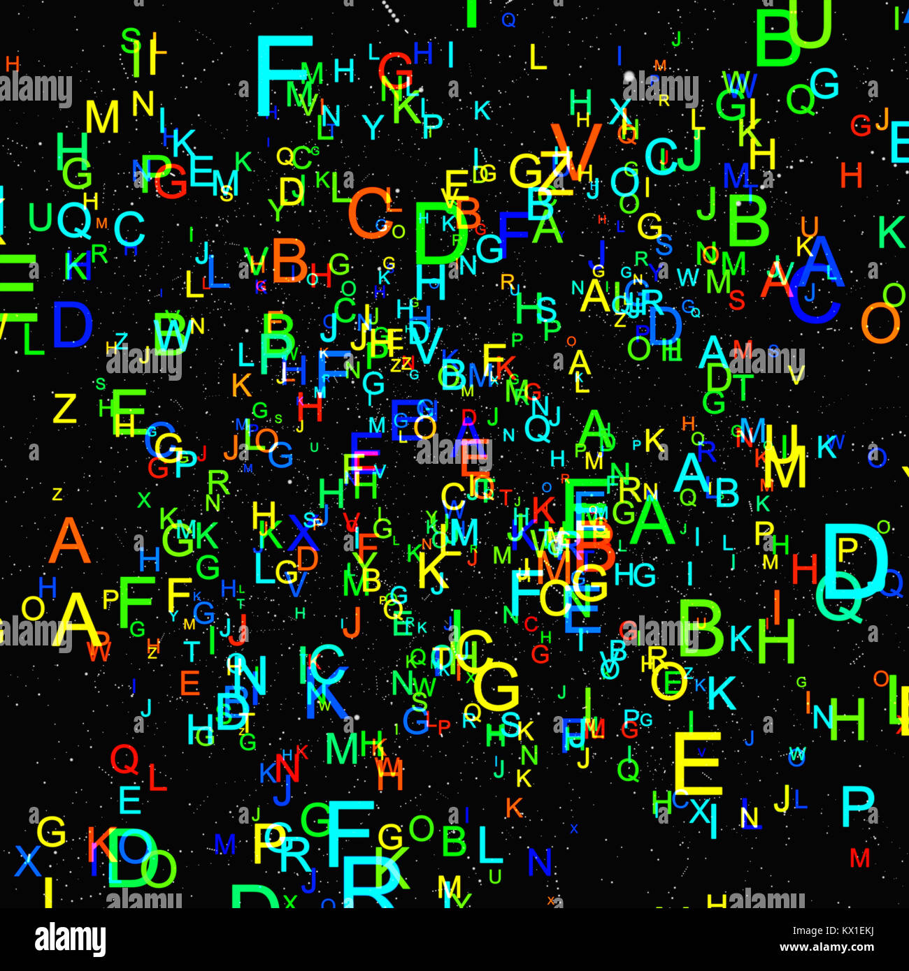 Abstract colorful alphabet fly on black background Stock Photo - Alamy