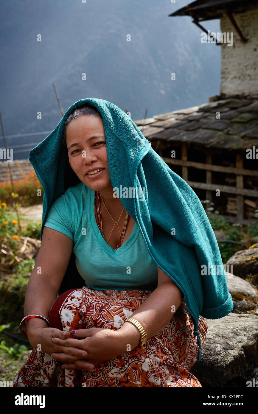 Gurung woman, Chomrong, Annapurna massif, Nepal Stock Photo - Alamy