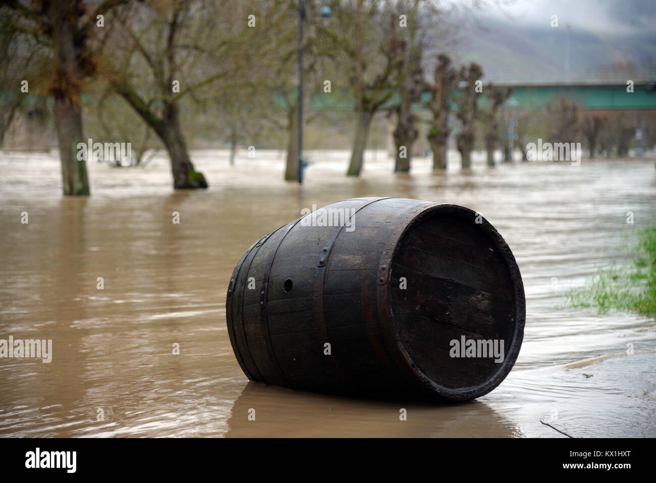 Reil, Germany. 6th Jan, 2018. A barrel swims in the floodwater in Reil ...