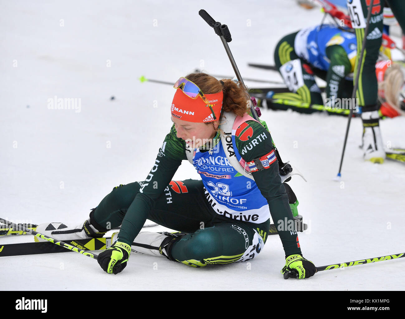 Oberhof, Germany. 5th Jan, 2018. Laura Dahlmeier sits exhausted on the ...