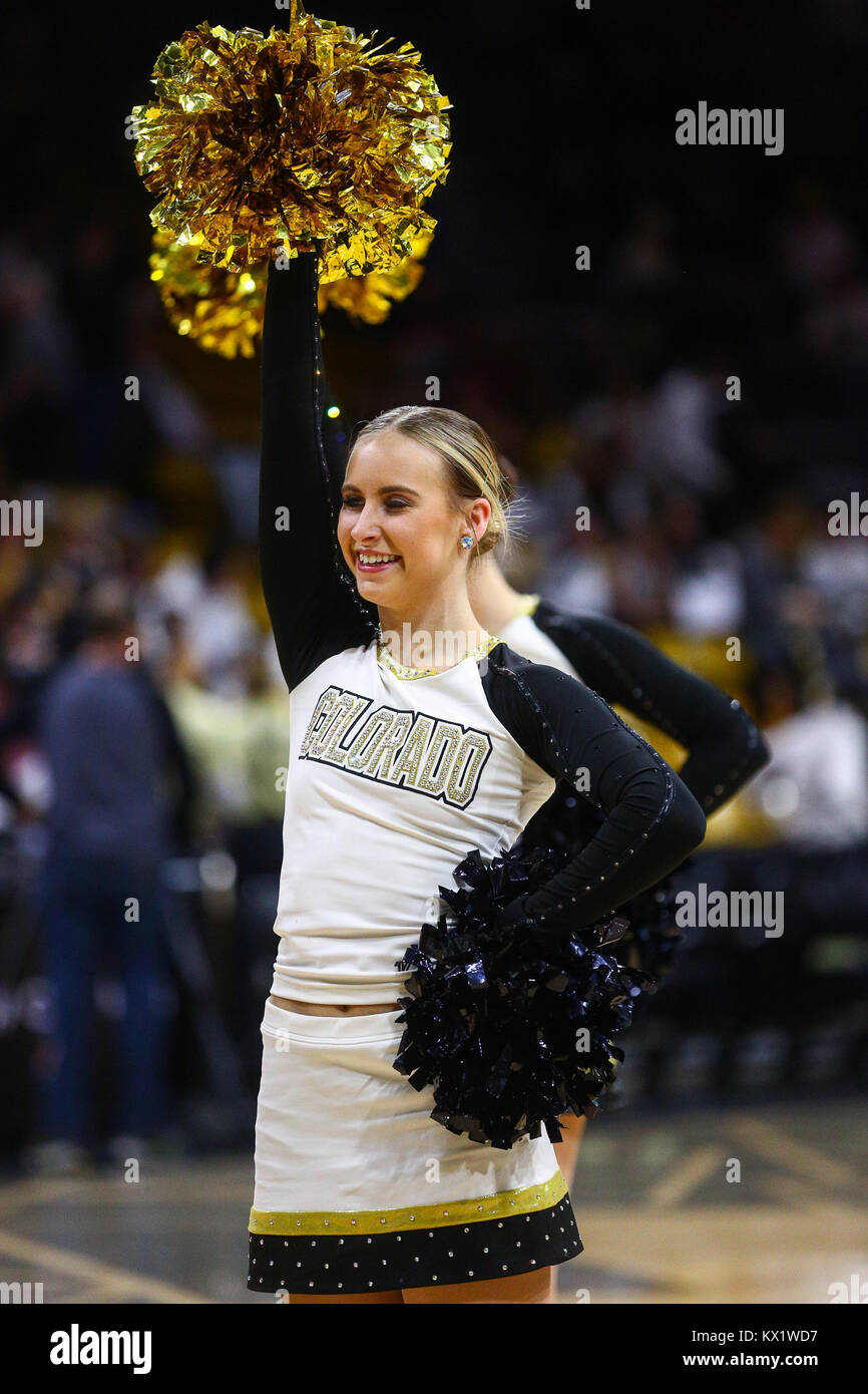 BOulder. 6th Jan, 2018. A Colorado cheerleader fires up the crowd ...
