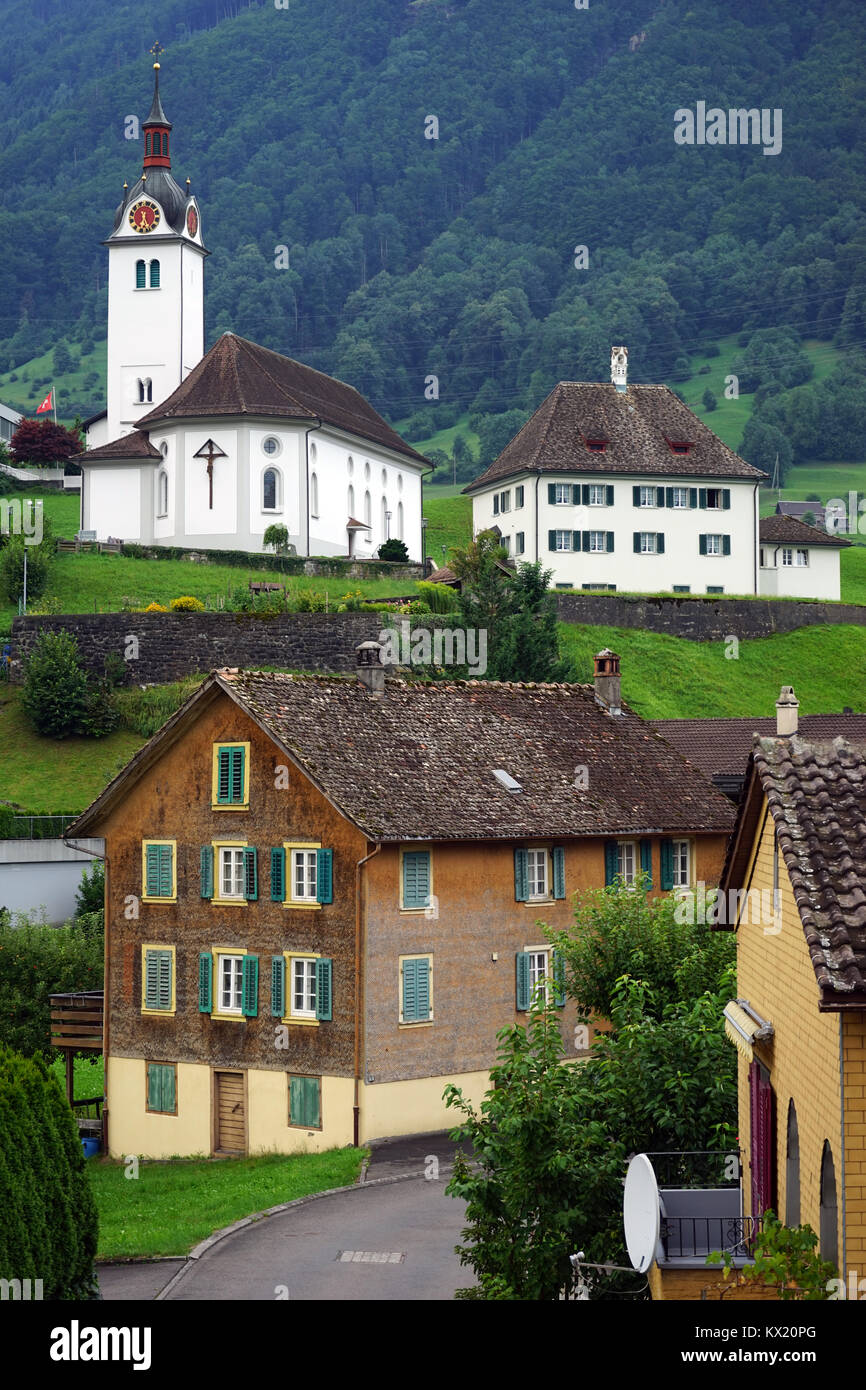 SEEDORF, SWITZERLAND - CIRCA AUGUST 2015 Church with clock tower and ...