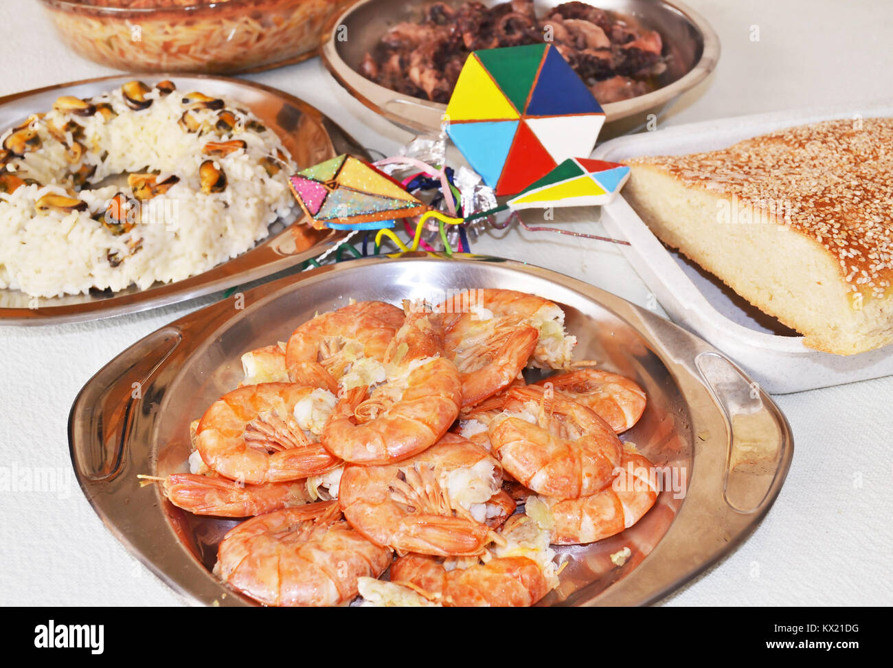 Clean Monday food with shrimps, the greek bread lagana and decorative ...