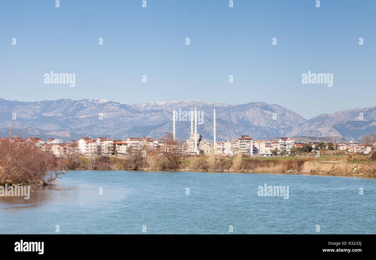 The view looking up Manavgat River towards the town of Manavgat in the ...