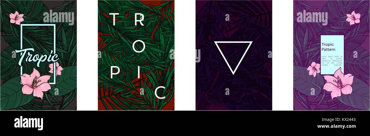 Tropic set of 4 templates. Summer vibes leaf background. Vector ...