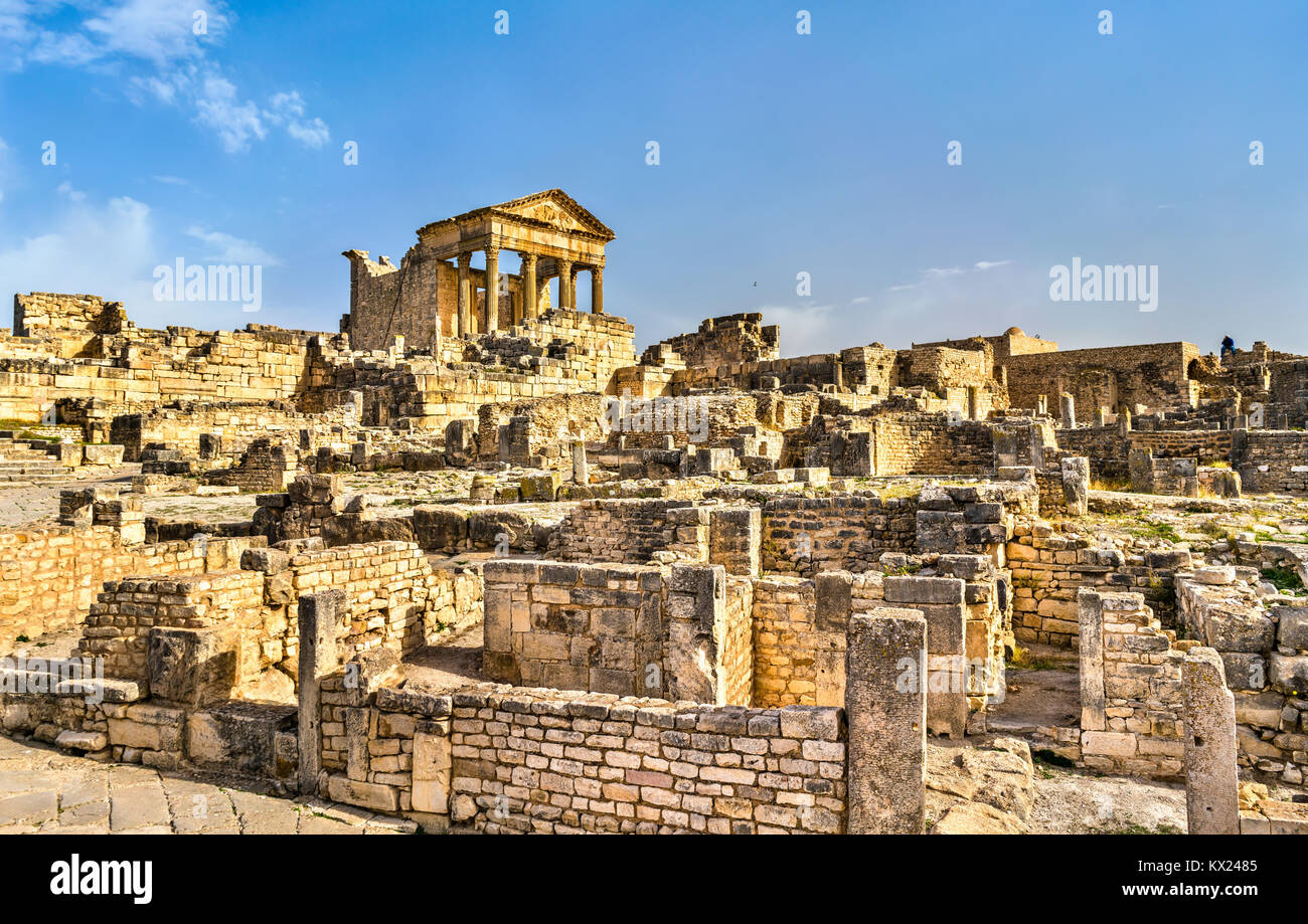 The Roman Capitol at Dougga. UNESCO heritage site in Tunisia Stock ...