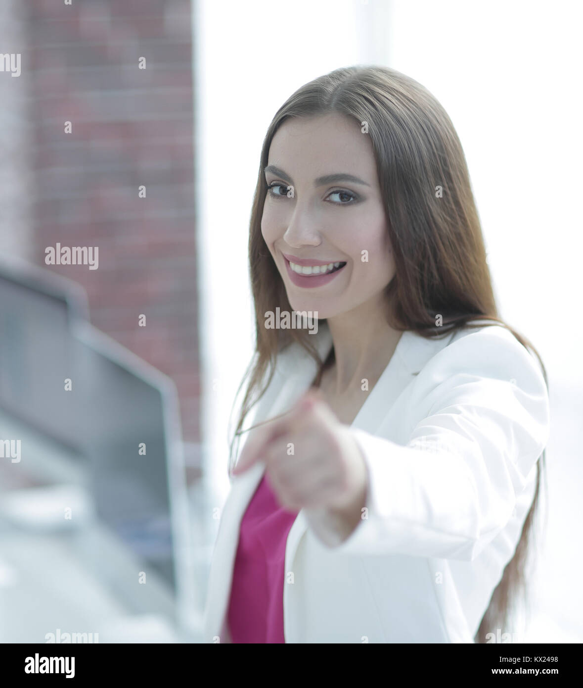 concept of purpose.confident business woman pointing finger forward ...