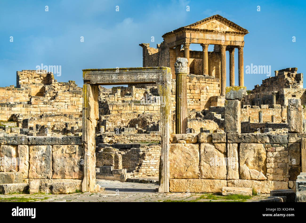 The Roman Capitol at Dougga. UNESCO heritage site in Tunisia Stock ...