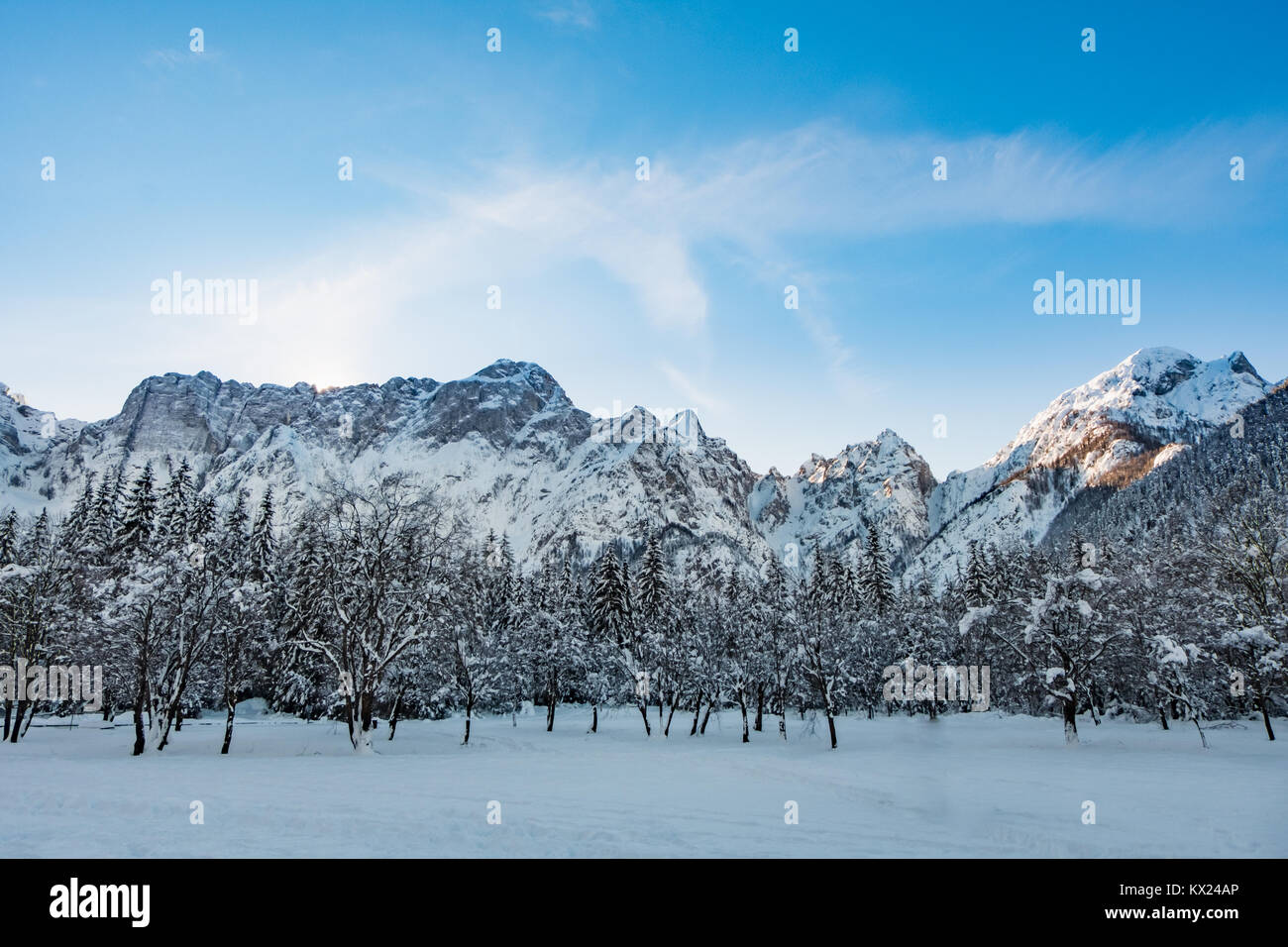 Mangart mountain range and forest seen from snow covert frozen lake ...