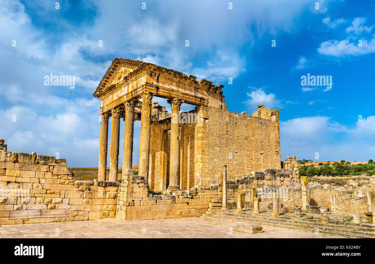 The Roman Capitol at Dougga. UNESCO heritage site in Tunisia Stock ...