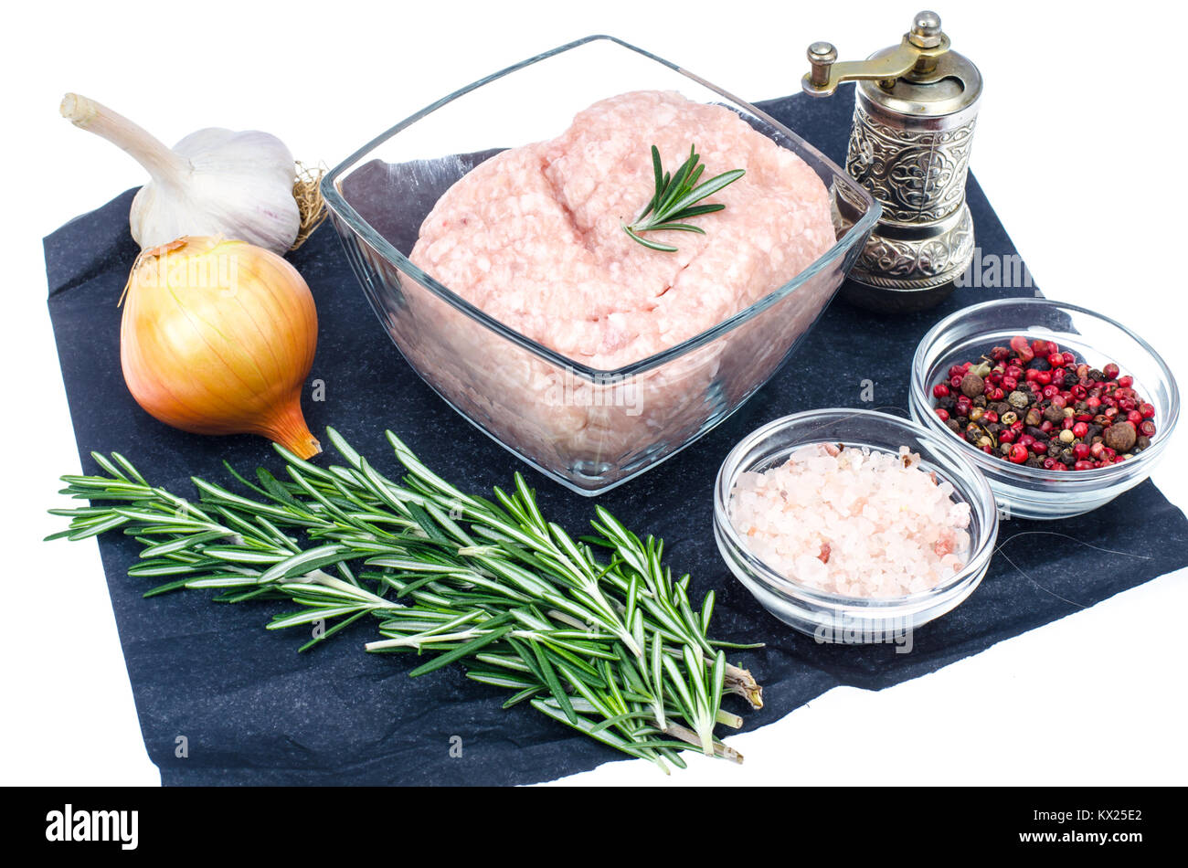 Minced meat, spices, rosemary, olive oil Stock Photo - Alamy