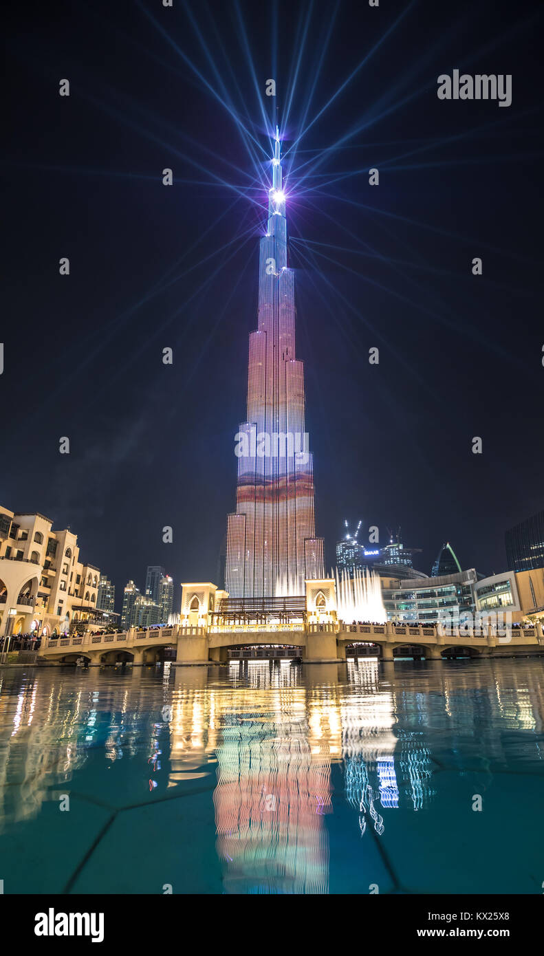 Colorful light and laser show display in Dubai downtown. Dubai, UAE ...
