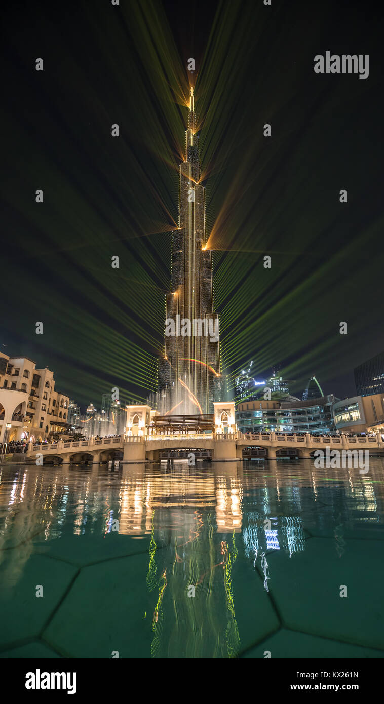 Colorful light and laser show display in Dubai downtown. Dubai, UAE ...