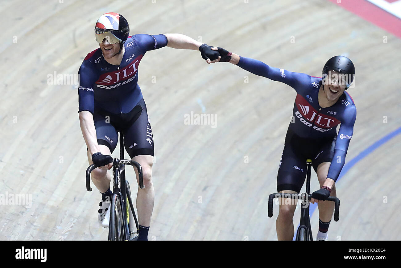 JLT Condor's Ed Clancy (left) and Jon Mould celebrates winning the Men ...