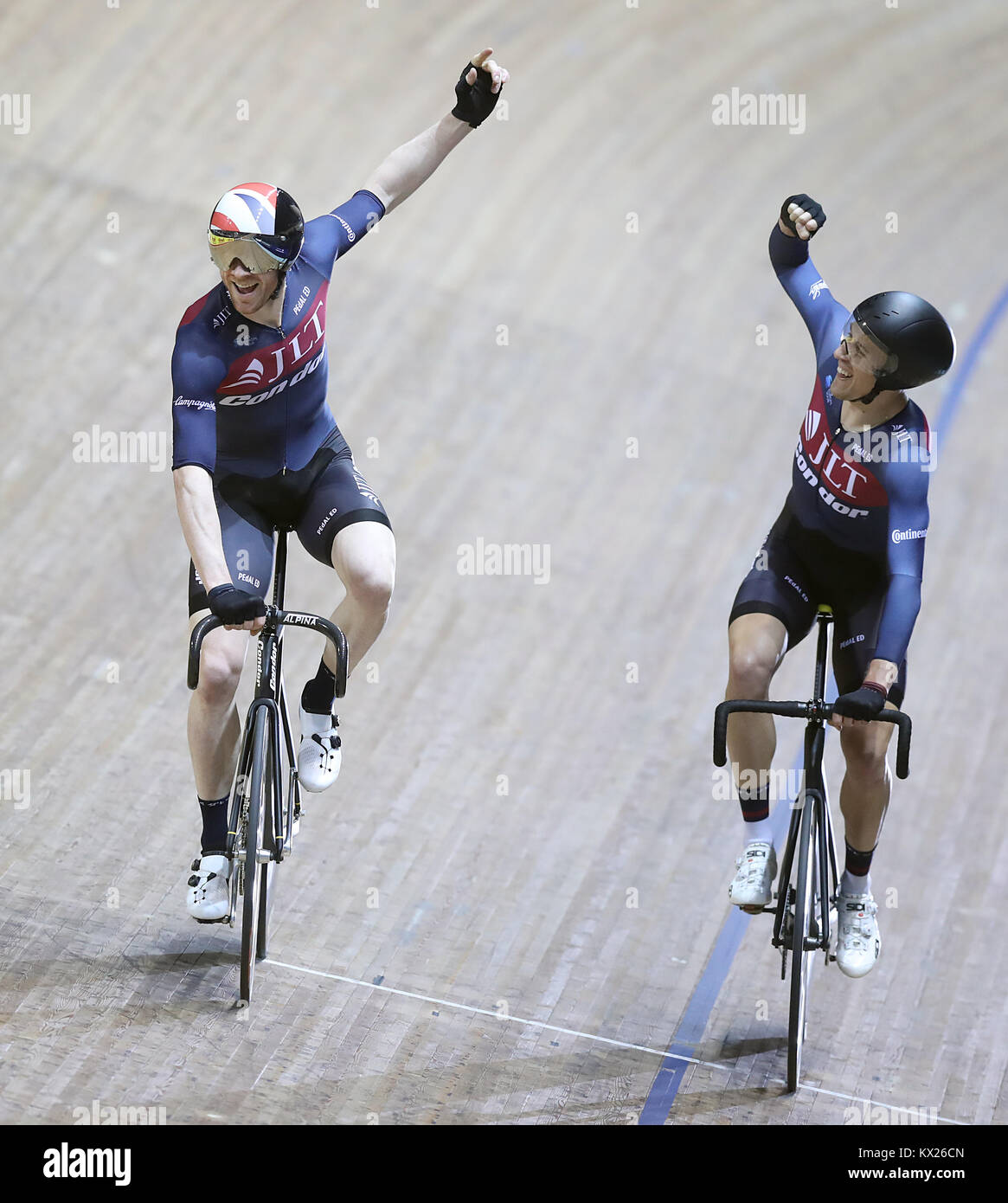 JLT Condor's Ed Clancy (left) and Jon Mould celebrates winning the Men ...