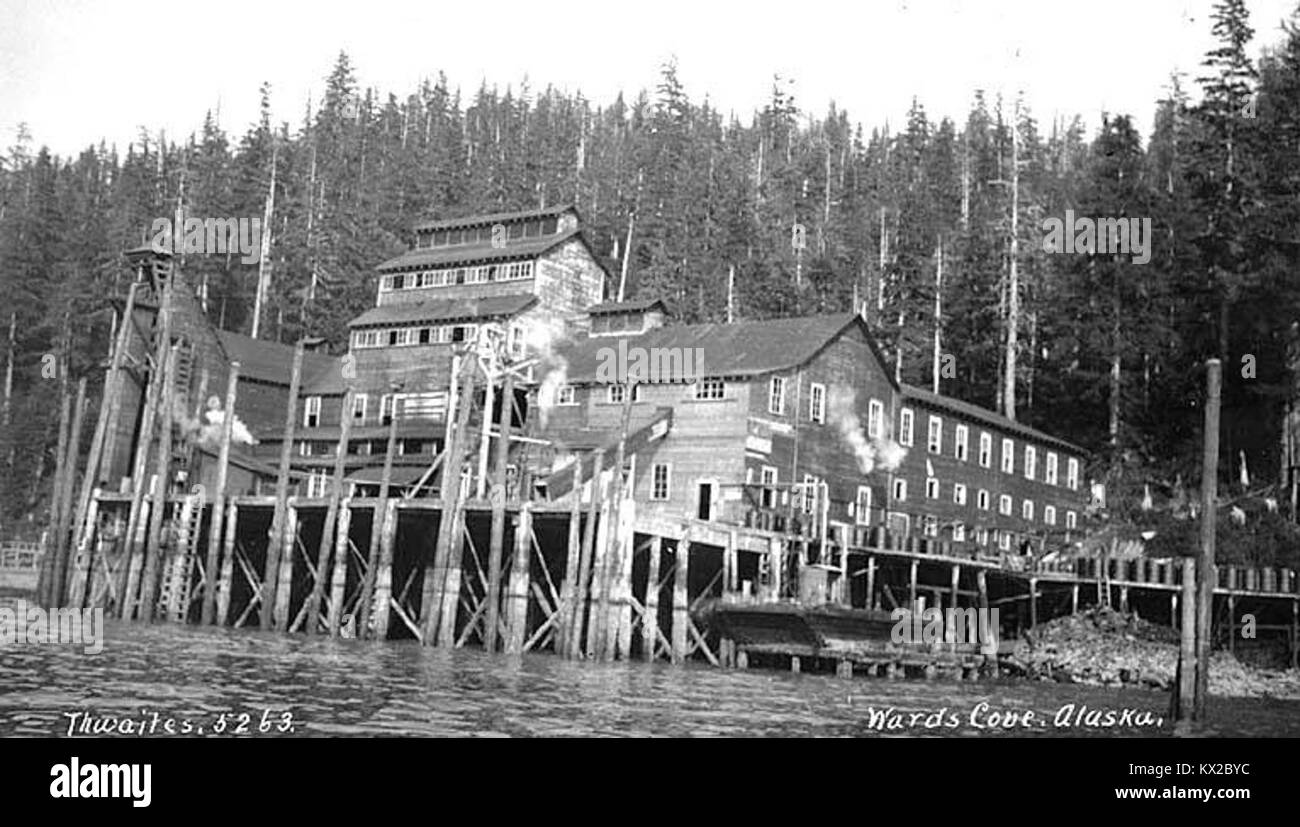 Historic photograph showing dock and cannery buildings at Ward Cove ...