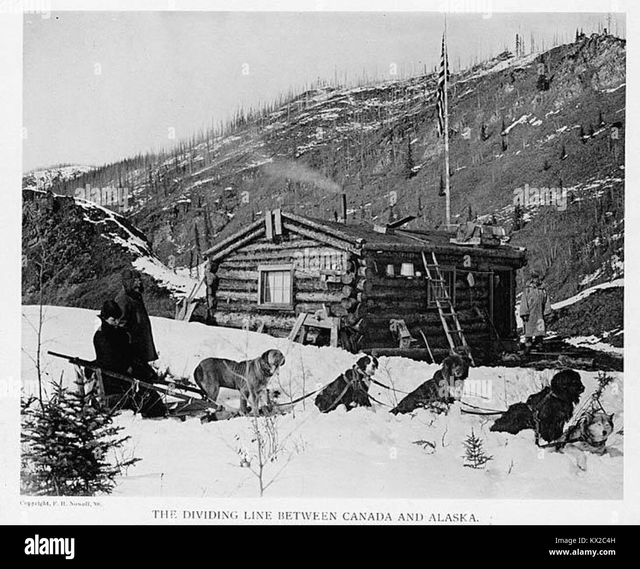Dogsled and log cabin at the Alaska-Canada border, ca 1906 (NOWELL 267 ...