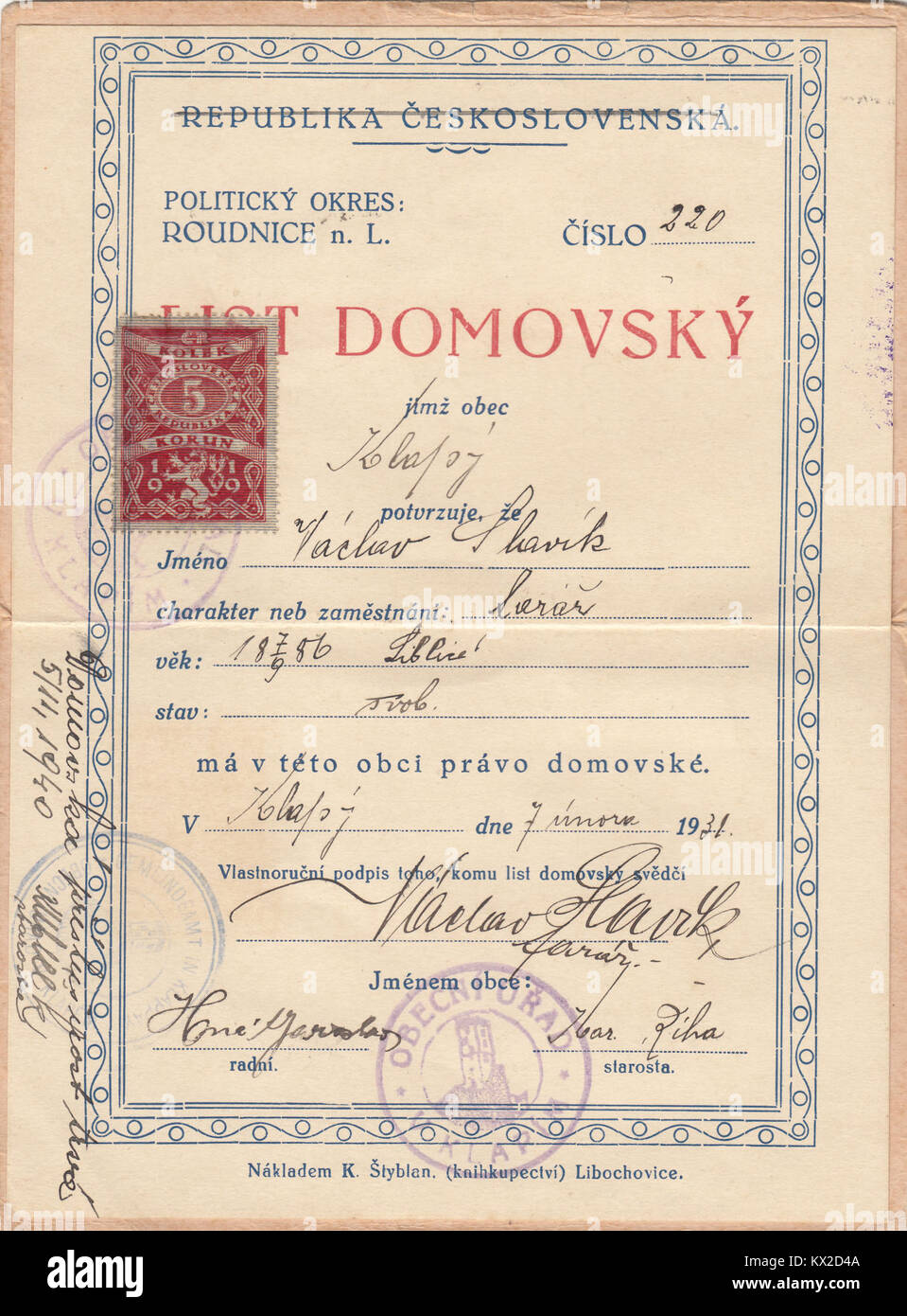 Domovský list Václav Slavík Stock Photo - Alamy