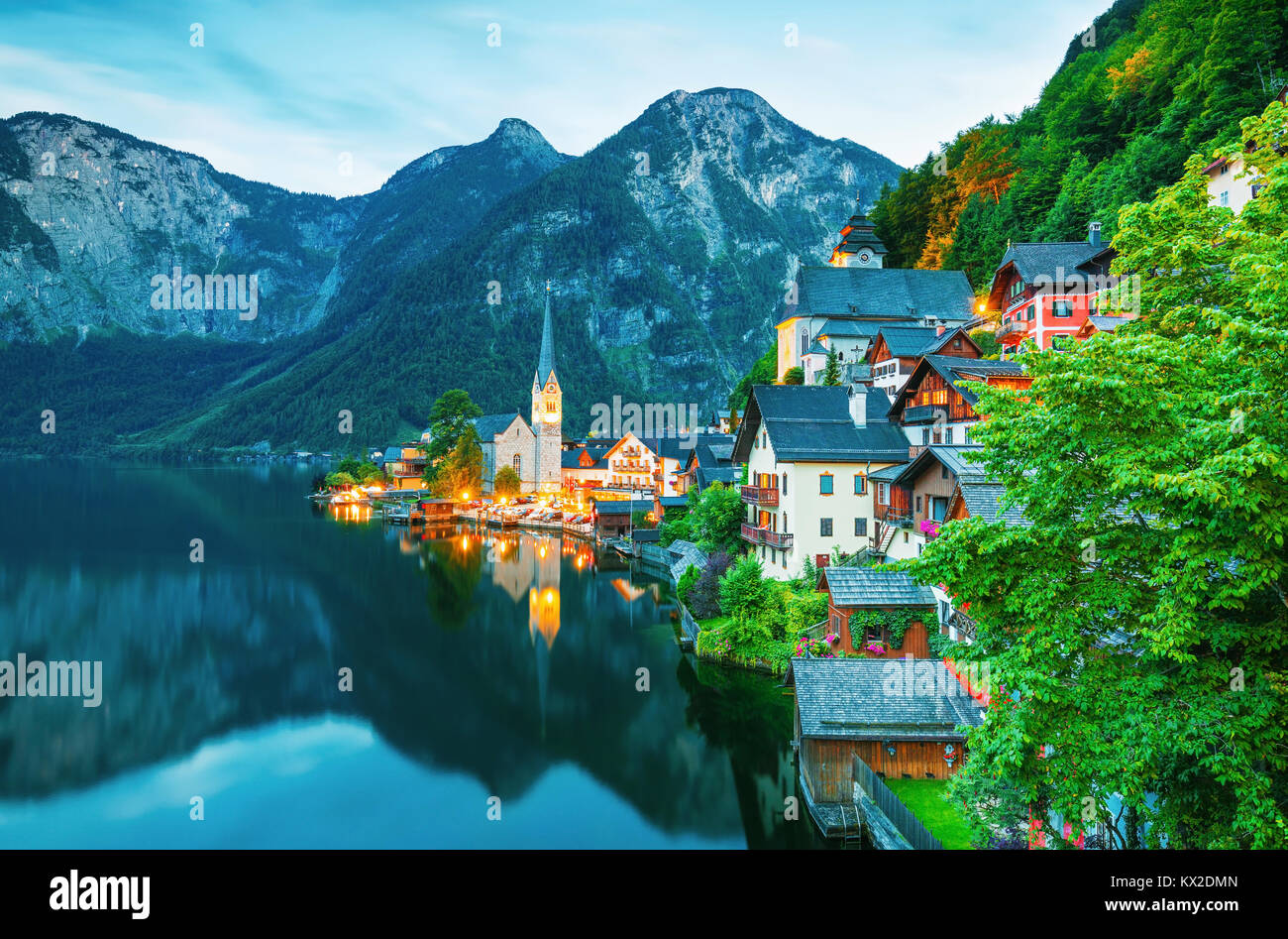 Scenic picture-postcard view of famous Hallstatt mountain village in ...