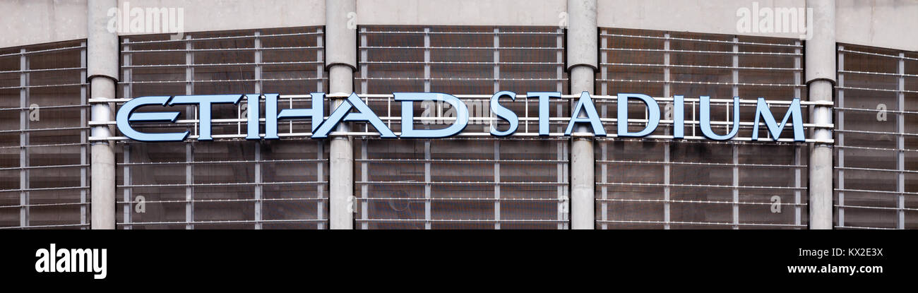 The Etihad Stadium nameplate adorns the home of Manchester City ...