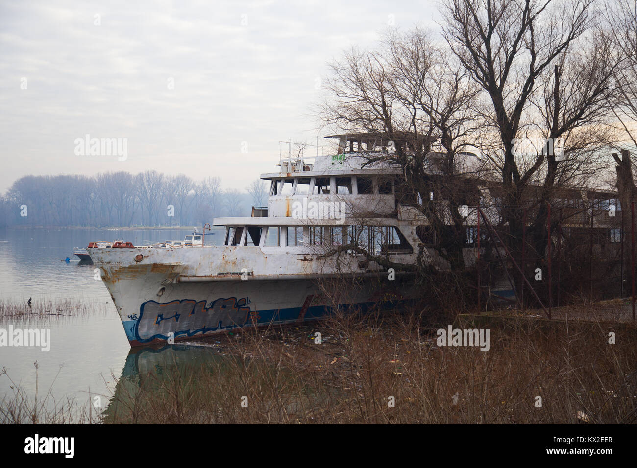 Old, broken, falling apart ship by Danube river in Zemun, Belgrade ...