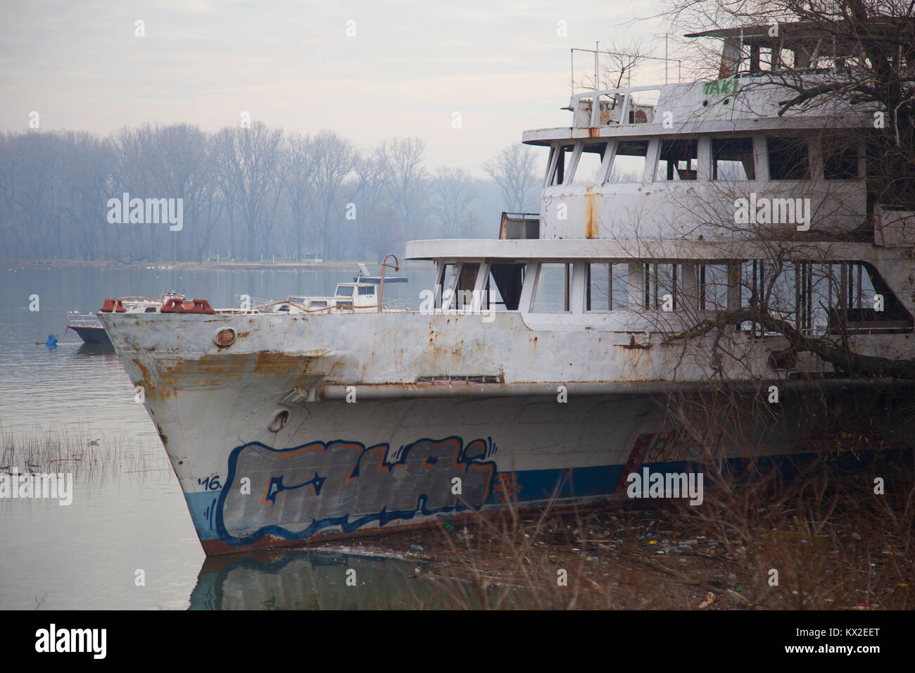 Old, broken, falling apart ship by Danube river in Zemun, Belgrade ...