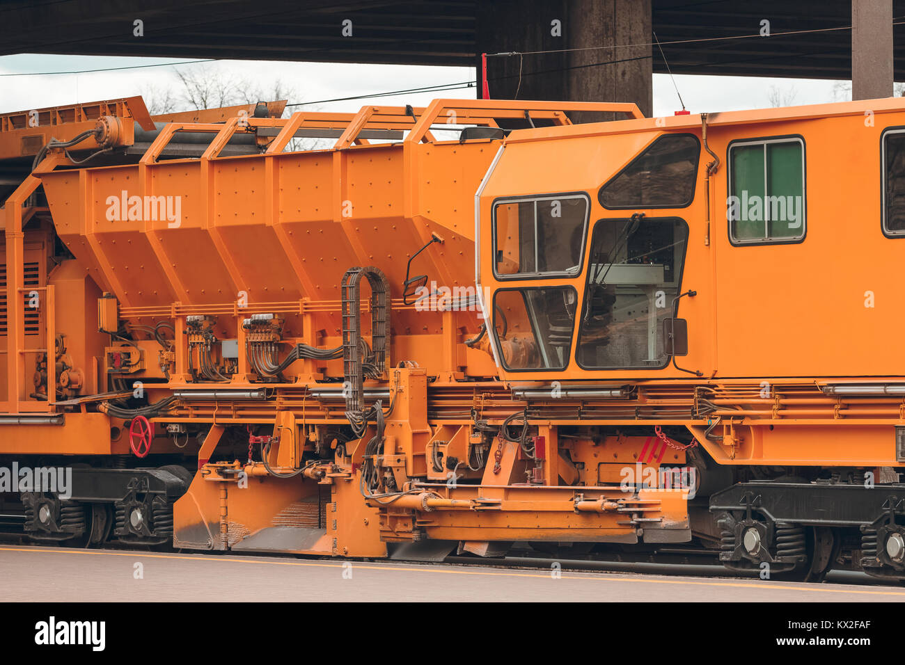 Ballast distributing and profiling track machine. Repair train Stock ...