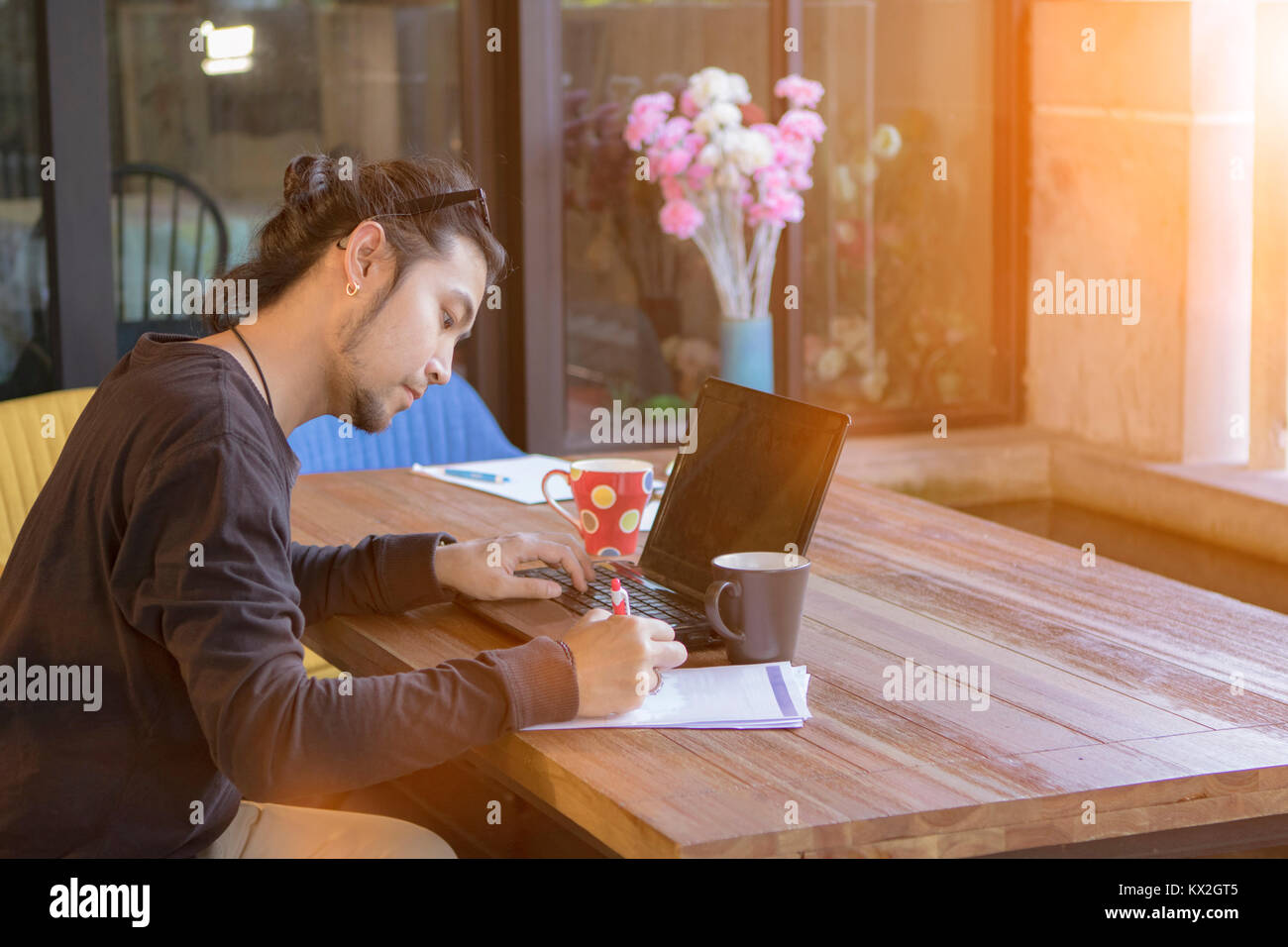freelancer man working with computer laptop at home office Stock Photo ...