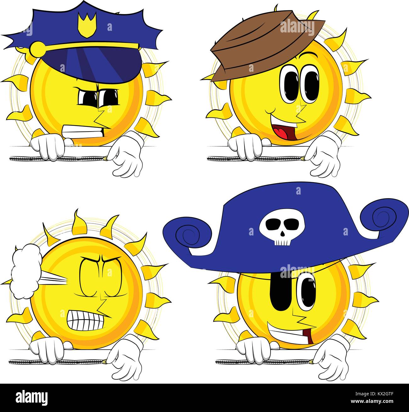 Cartoon sun zipping a banner. Collection with costume. Expressions ...