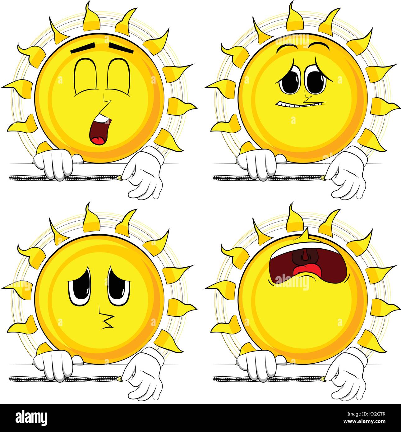 Cartoon sun zipping a banner. Collection with sad faces. Expressions ...