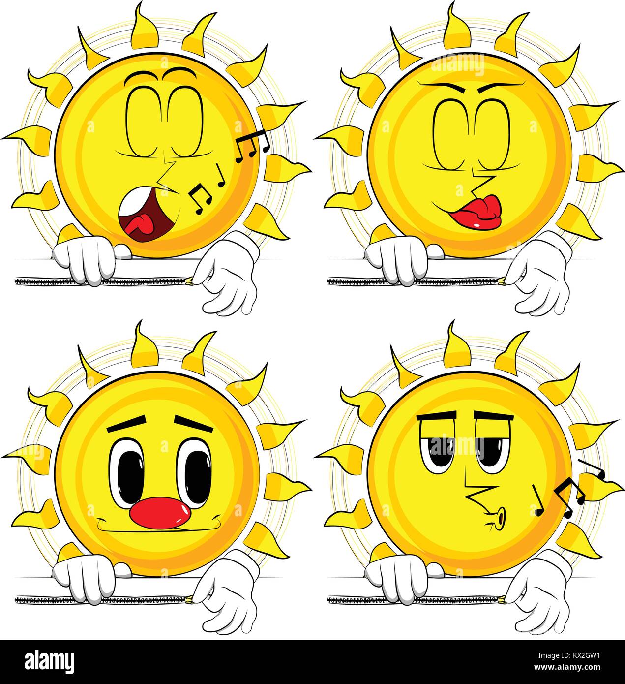 Cartoon sun zipping a banner. Collection with various facial ...