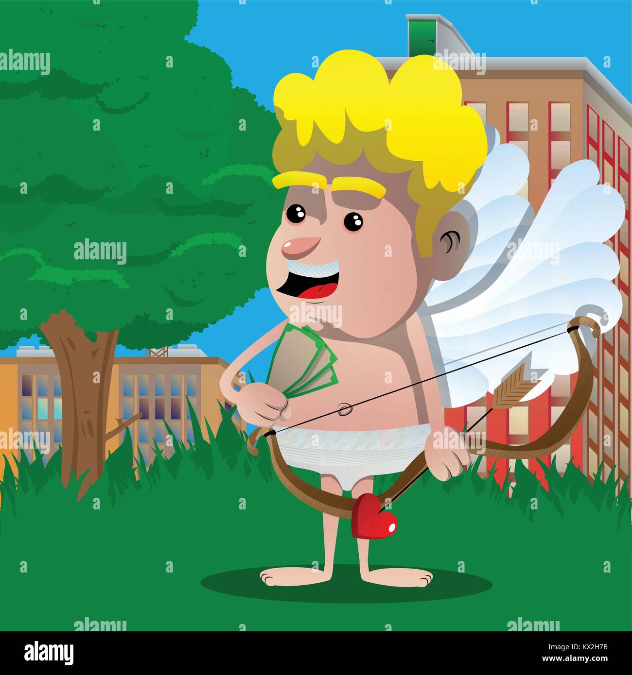 Cupid with cash and bow and arrow in hand. Vector cartoon character ...