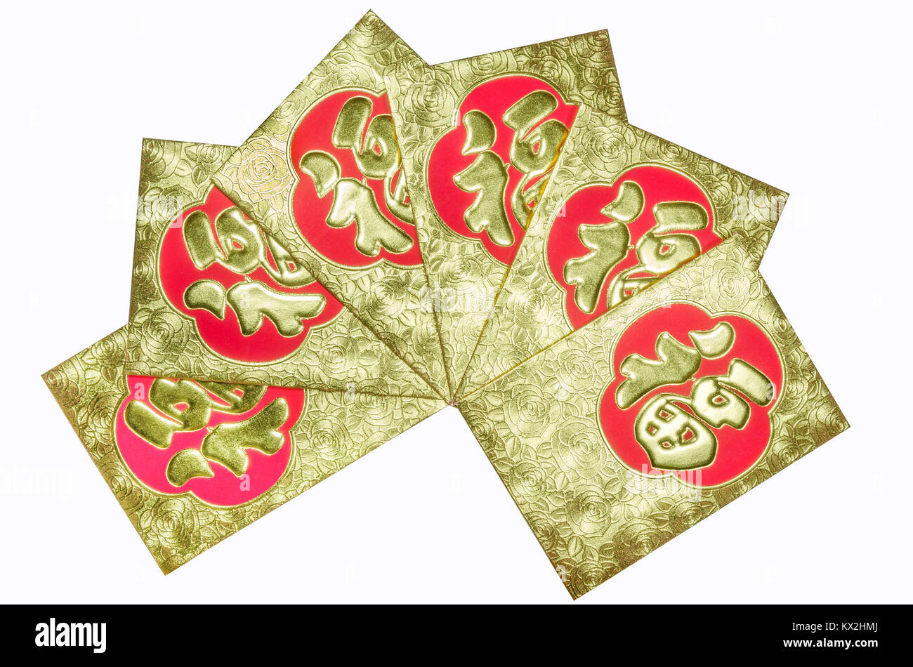 Golden shiny ang pow isolated on white background. English translation ...