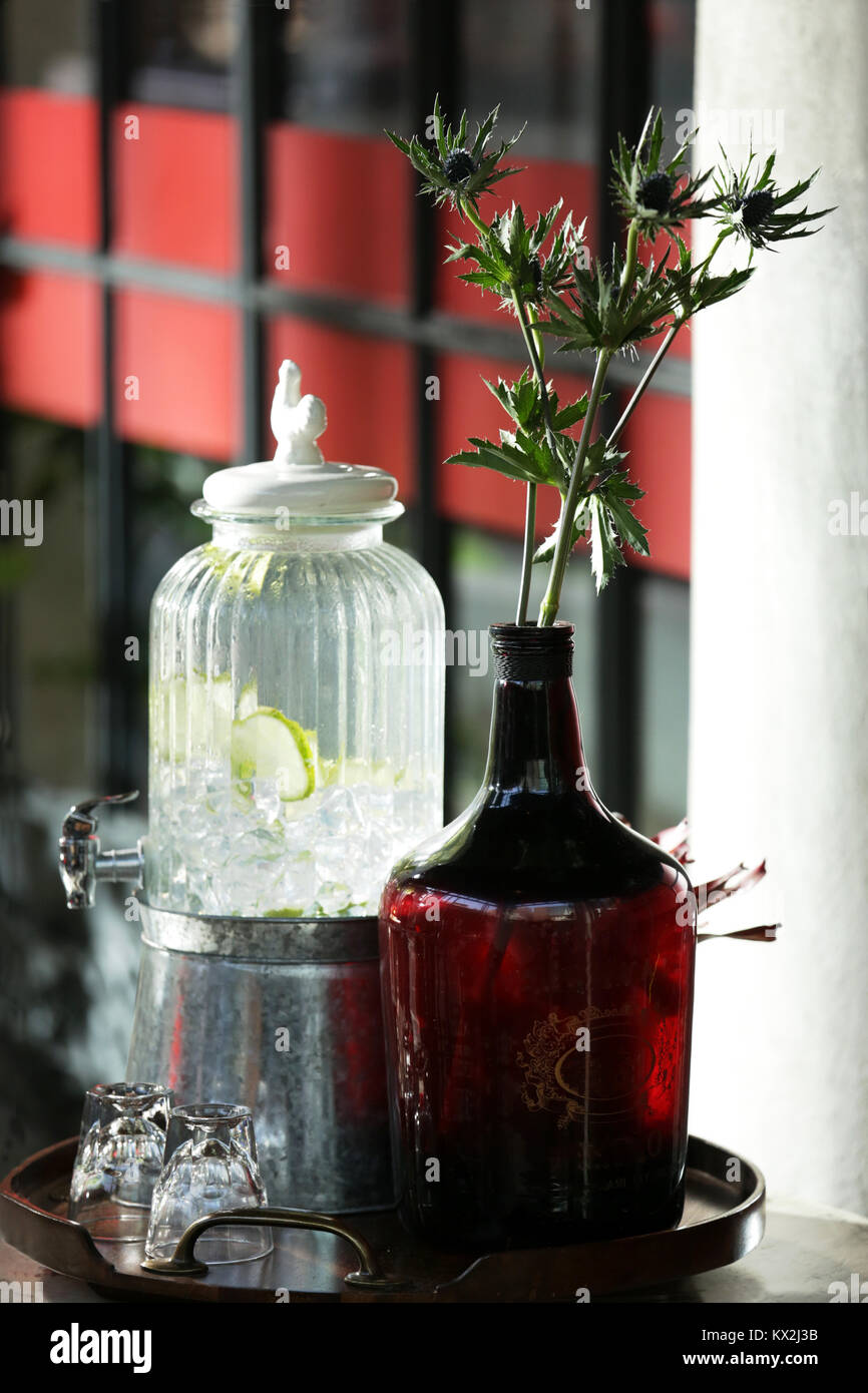 a vintage tank of lemonade put for every thirsty people in a restaurant ...