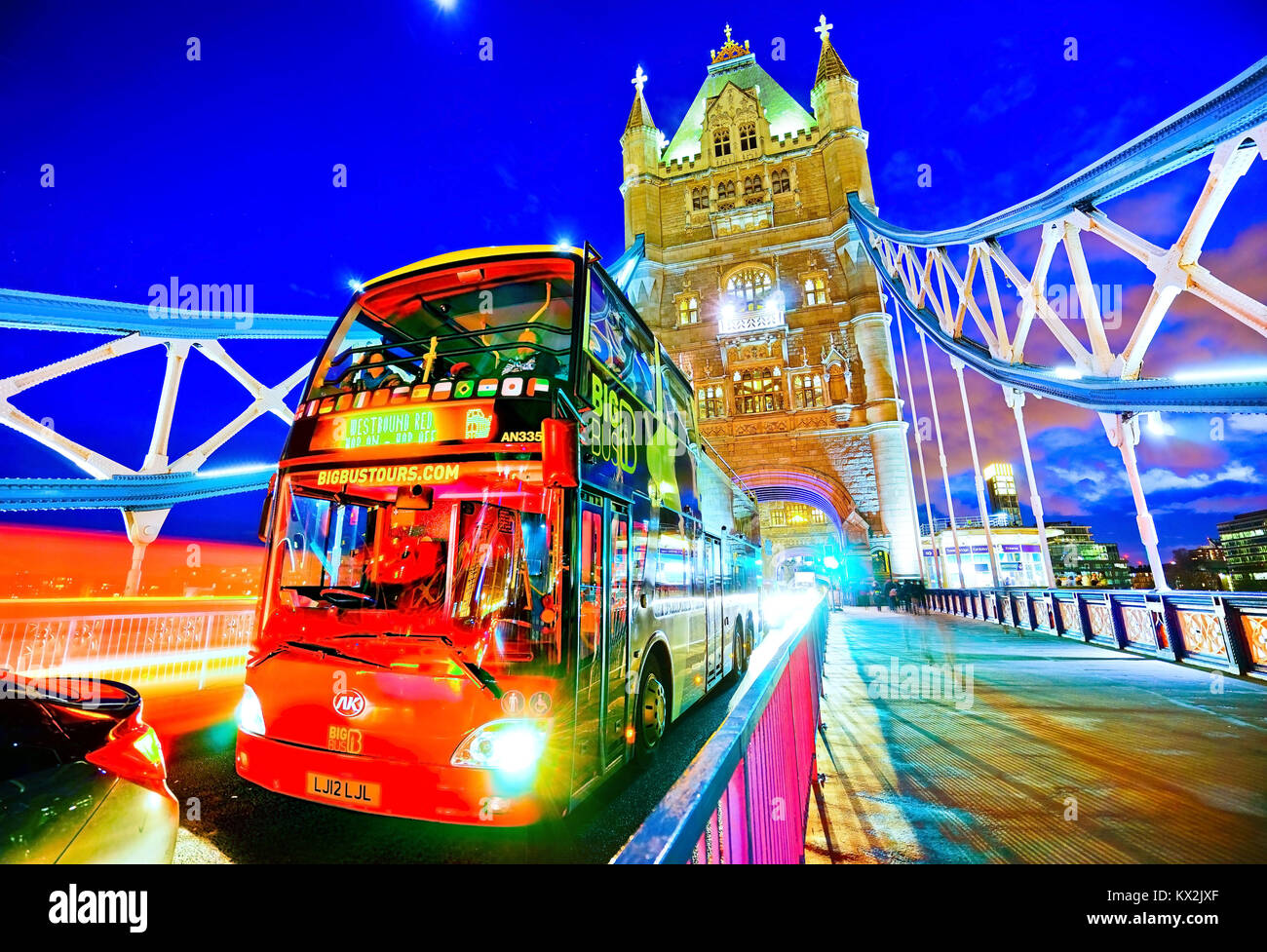 London, UK- February 4, 2017: View of Tower Bridge with tour bus ...