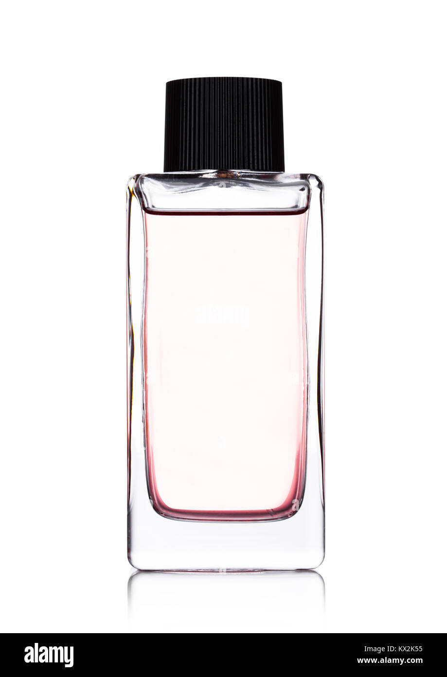 Luxury pink liquid perfume bottle on white background with reflection ...