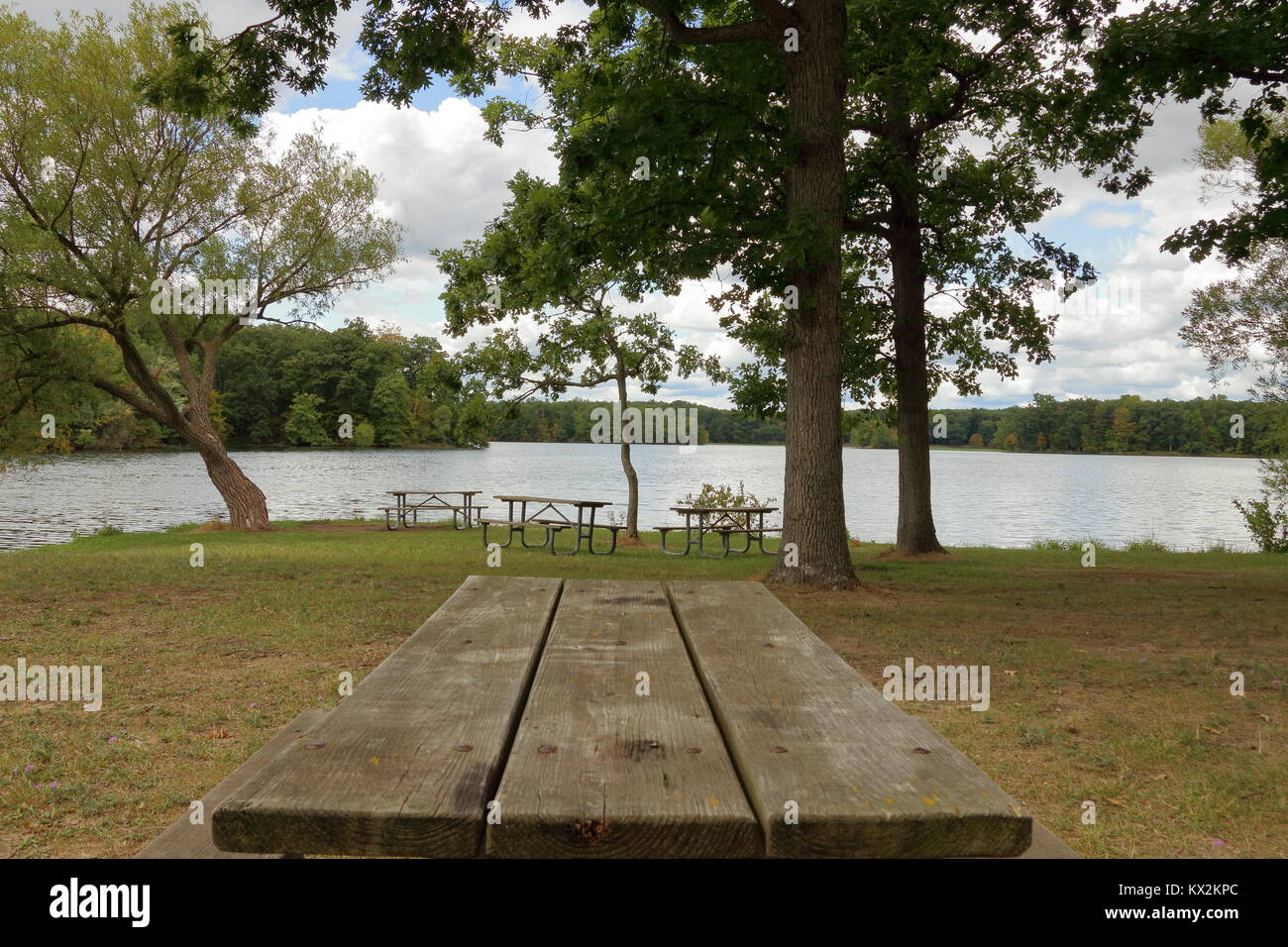 Picnic Tables at Lake Stock Photo - Alamy